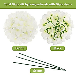 JPSOR 30pcs Artificial Hydrangea Silk Flower Heads with Stems, Fake Flowers for Wedding Centerpiece Home Garden Party Decoration (White)