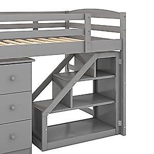 ERDAYE Twin Size Wooden Loft Bed Frame with Multifunctional Movable Built-in Desk, 5 Drawers and Staircase Bring Storage Shelf for Bedroom Guest Room Furniture, Gray