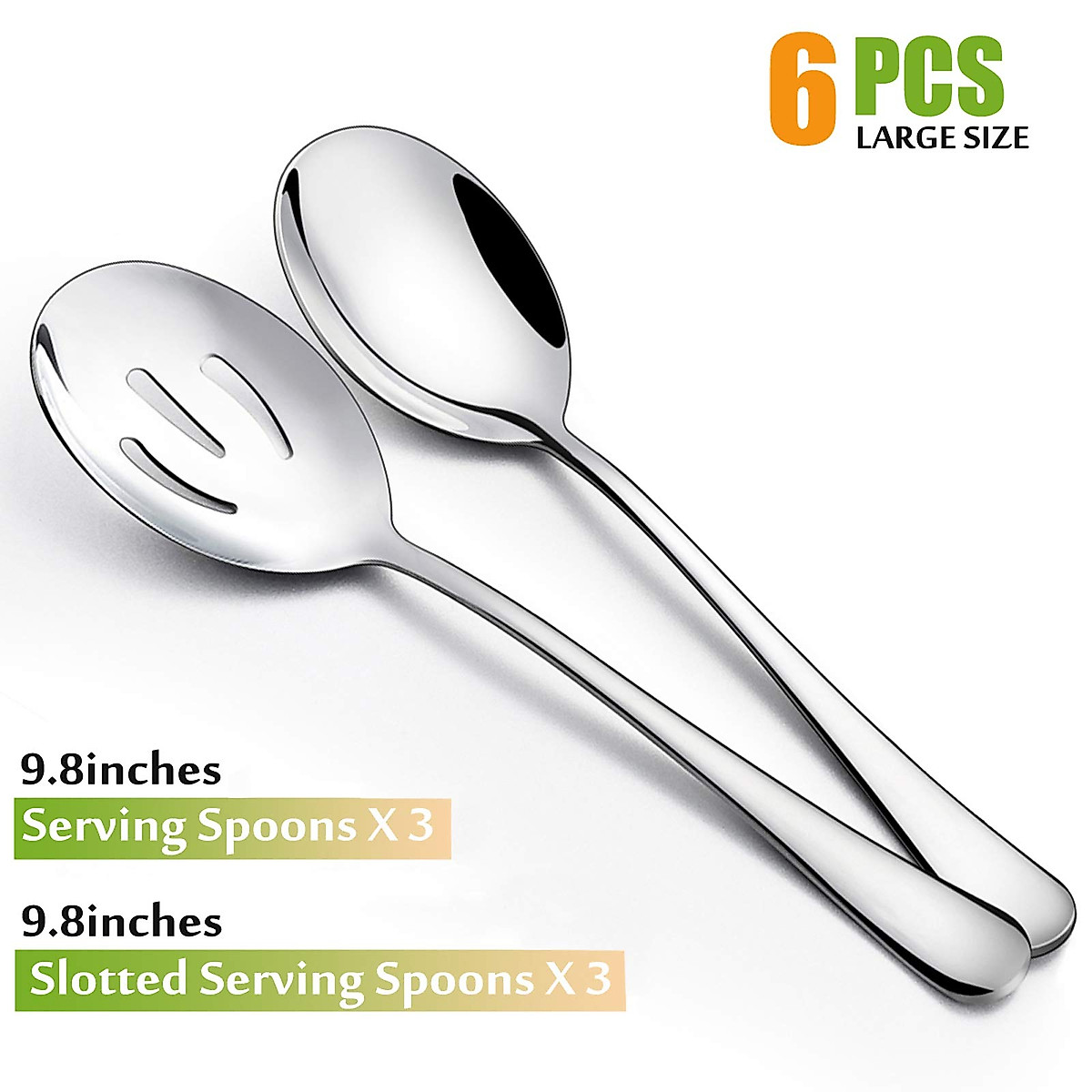 HaWare Serving Spoons X 3, Slotted Serving Spoons X 3, 9.8 inches Large Size Stainless Steel Serving Spoon, Elegant Design for Kitchen/Buffet/Party, Mirror Polished and Dishwasher Safe(6 Pack)
