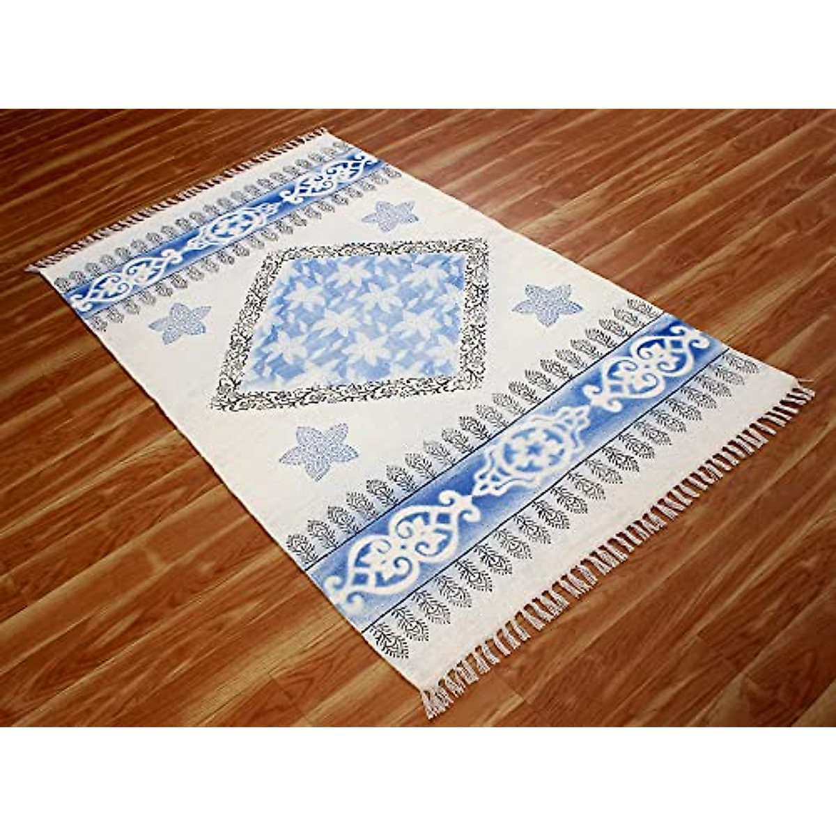 Casavani Hand Block Printed Cotton Dhurrie Geometric Blue & Beige Tassel Rug Easy Care Washable Rugs for Doormat Entryway Living Room Bedroom Hallway Balcony 4x8 Feet