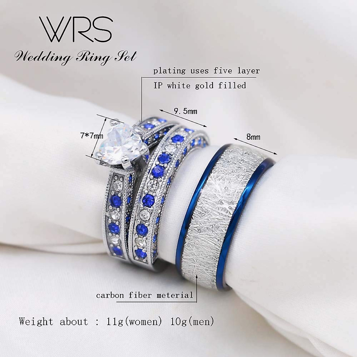 Two Rings His Hers Wedding Ring Sets Couples Matching Rings Women's 2pc White Gold Filled Heart CZ Wedding Engagement Ring Bridal Sets Men's Stainless Steel Wedding Band