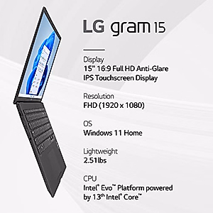 LG gram 15.6” Lightweight Laptop, Intel 13th Gen Core i7, Windows 11 Home, 16GB RAM, 512GB SSD, Black