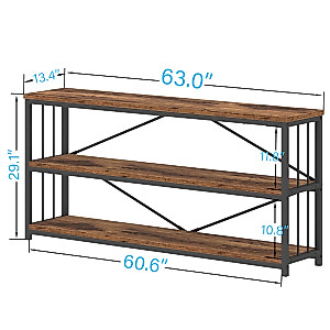 IBF Low Rustic 3 Tier Bookshelf, Industrial Horizontal Wood Bookcase, Farmhouse Long Wide Open Metal Etagere, Modern Large Vintage Book Shelf for Home Office Bedroom Living Room, Rustic Brown, 63 Inch