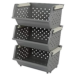 Eagrye Plastic Stackable Storage Bins, Multi-functional Stacking Basket, Grey, Pack of 3