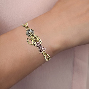 Gold Plate Santa Muerte Chain ID Bracelet For Women Men, La Santa Muerte Goth For Gifts, Mexican Skull Grim Reaper Jewelry