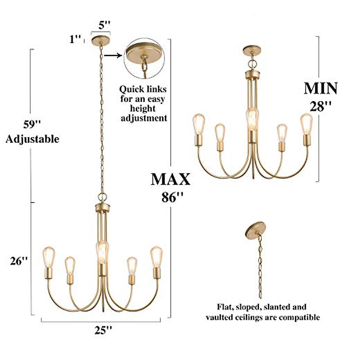KSANA Large Gold Chandelier, 5-Light Modern Light Fixture for Dining & Living Room, Bedroom, Foyer and Entryway（25” Diameter X 26” Height）