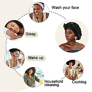 Satin Bonnet for Women Hair Bonnet for Sleeping Large Double Layer Silk Sleep Cap with Wide Elastic Band Hair Cap for Sleeping with 45PCS Waterproof Disposable Shower Caps (Black)