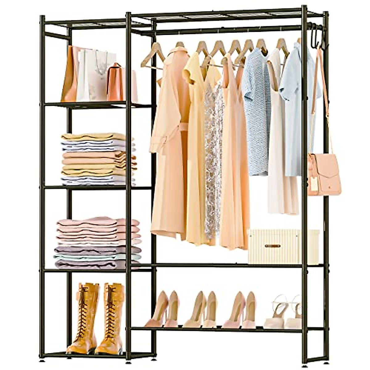 Neprock 20-Pack Black Shoe Slots Organizer Bundle with Clothing Rack with Shelves