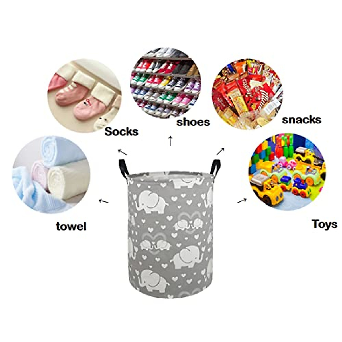 DUYIY 19.7 Inch Round Big Size Canvas Storage Basket with Handle Large Organizer Bins for Dirty Laundry Hamper Baby Toys Nursery Kids Clothes Gift Basket (heart elephant)