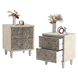 COSIEST 2 Pieces Nightstand, 14" D x 18" W x 21.5" H MDF End Table with 2 Drawers, Vintage Style Wood Bedside Table, Bedroom Accessories for Home, Office, College Dorm