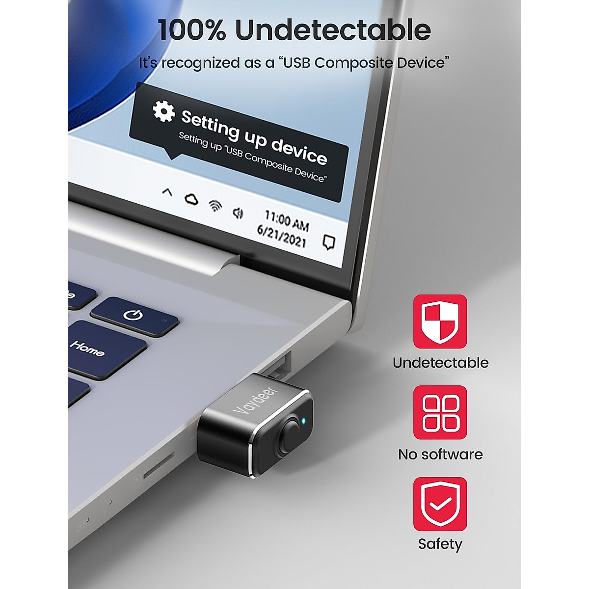 Vaydeer Tiny Mouse Jiggler, T3s Mouse Mover Made of Premium Aluminum Alloy, Longer Life Span, Plug and Play, 100% Undetectable, 3 Natural and Random Tracks, USB Mouse Mover to Boost Your Productivity