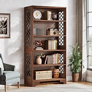 Tribesigns 6-Tier Bookcase, 70.8" Vintage Tall Bookcase, Floor Standing 5-Shelf Display Rack Storage Shelves Mid-Century Bookcase for Home Office, Living Room, Bedroom