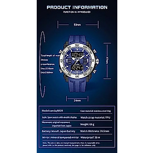 KXAITO Men's Watches Sports Outdoor Waterproof Military Watch Date Multi Function Tactics LED Face Alarm Stopwatch for Men 6029 (Blue)