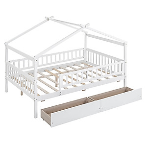 House Bed with Fence Storage, Full Size Montessori Style Beds with Railings and 2 Drawers, Wooden Playhouse Bed Frame for Kids Girls Boys, White