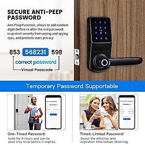 LOQRON Smart Fingerprint Door Lock, Security Keyless Entry Door Lock with Reversible Handle, Bluetooth Electronic Deadbolt Lock, App Control, Anti-Peep Digital Door Lock for Home Office - Black