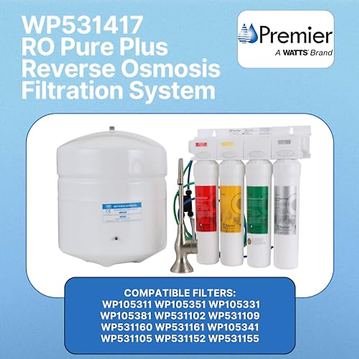Watts Premier WP531417 RO Pure Plus Reverse Osmosis Filtration System with Top-Mount Twist Faucet, Brushed Nickel, Standard