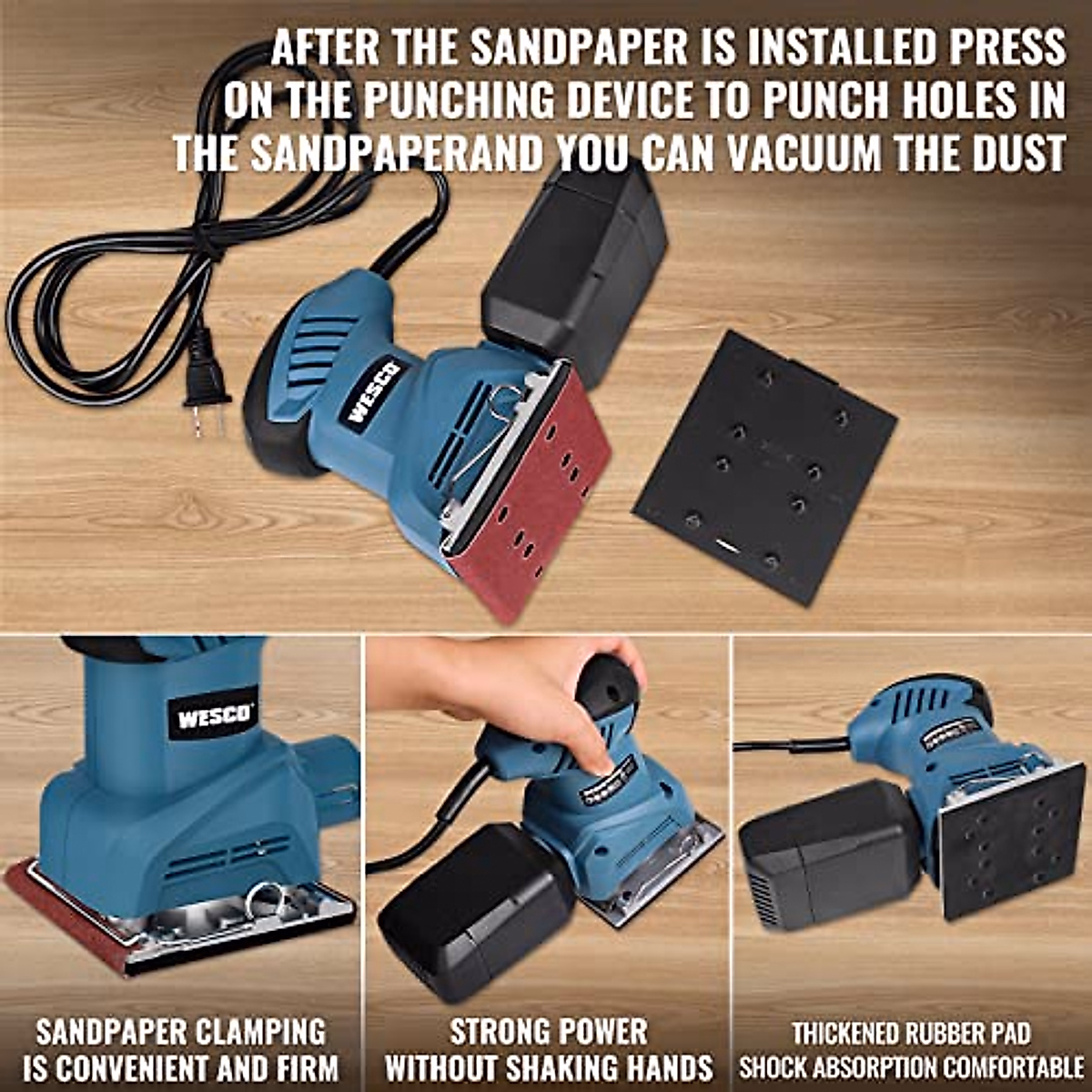 Palm Sander, WESCO 2.0 A Electric Sander Tool 1/4 Sheet Sanders for Woodworking,12,000 OPM Corded Finishing Sander Machine with Dust Collector, Punch Plate,Vacuum Adapter, Quick Locking System