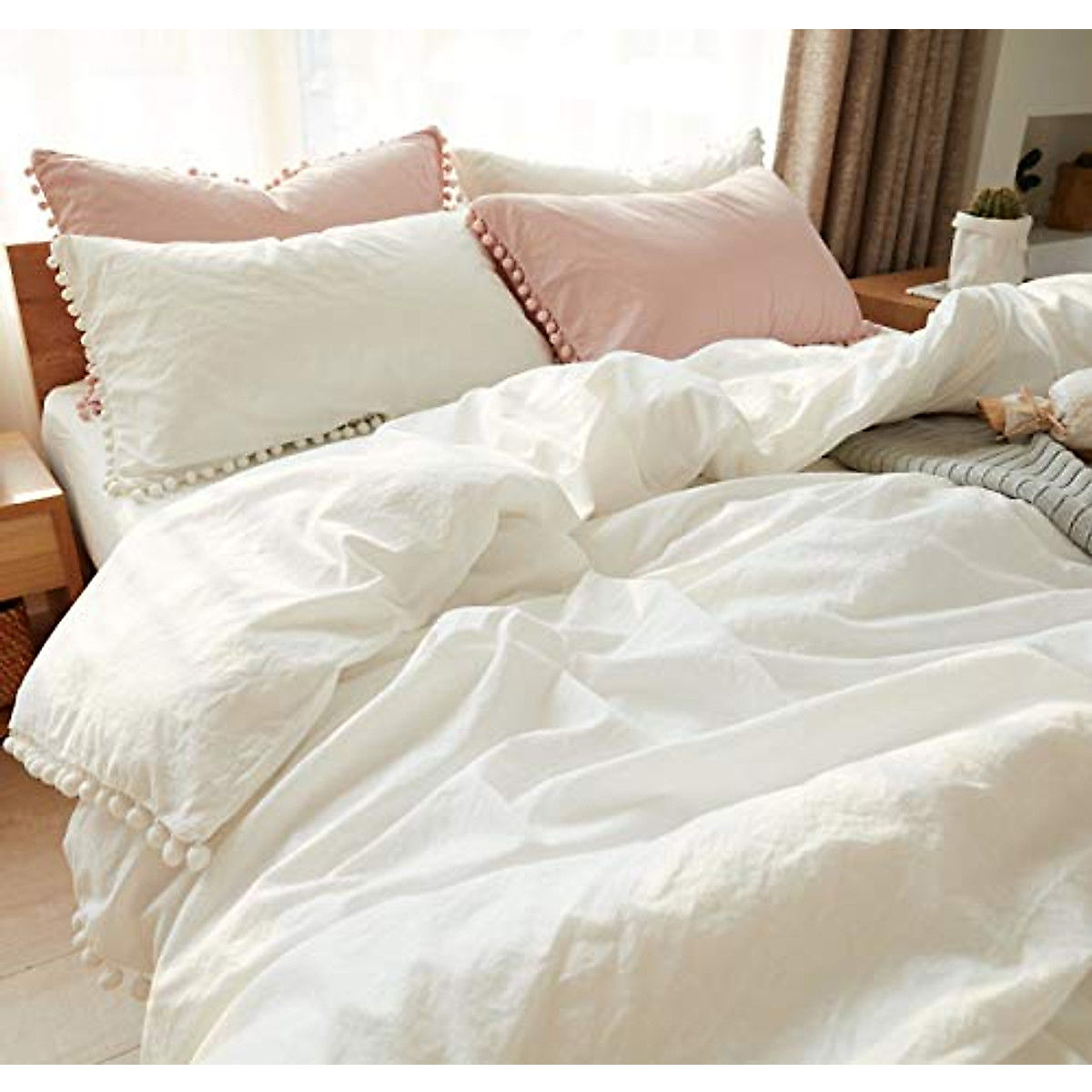Softta Girls Bedding White Duvet Cover Full 3 Pcs Ruffle Pom-Fringe Pompoms Bohemian Bedding 100% Washed Cotton Boho Baby Teen Girls Bed Cover
