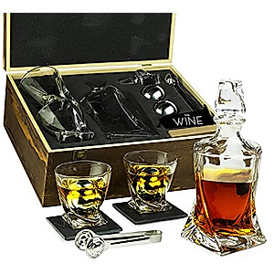 Whiskey Stones & Decanter Gift Set for Men & Women, By The Wine Savant, 2 XL Stainless Steel Whiskey Balls, 2 Twist Glasses, Whiskey Decanter, 2 Coasters, Freezer Pouch & Special Tongs in Pinewood Box