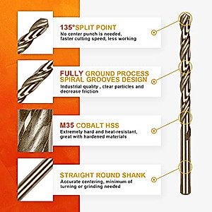 AugTouf Cobalt Drill Bit Set (13 pcs), M35 HSS Metal Drill Bits for Steel, Stainless Steel, Metal and Cast Iron,1/16"-1/4"