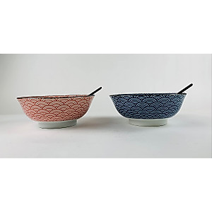 JapanBargain 4694, Large Japanese Porcelain Soup Bowls and Spoons Gift Set, Lucky Cat Pattern Ramen Bowls, Blue and Pink Color, Set of 2, Made in Japan, 36 Ounce