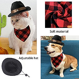 ANIAC Pet Dog Cowboy Hat and Plaid Bandana Set Cat Cowboy Costume Puppy Adjustable Cowboy Cosplay Cap with Scarf for Birthday Halloween Holiday Festival and Daily Wear (Black)