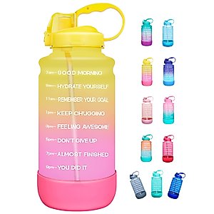 Elvira Half Gallon/64oz Motivational Time Marker Water Bottle with Straw & Protective Silicone Boot, BPA Free Anti-slip Leakproof for Fitness, Gym and Outdoor Sports-Pink/Yellow