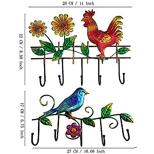 JFRISING Rooster & Bird Wall Hooks Hanging Plaque Sculpture, Sturdy Indoor Outdoor Metal Wall Art Decor with Life-Like Flower for Coat Keys Apron Towel Hook, Easy to Install 2 Pack