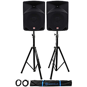 Rockville Pair RPG10 10" 1200w Powered PA/DJ Speakers + 2 Stands + 2 Cables+Bag