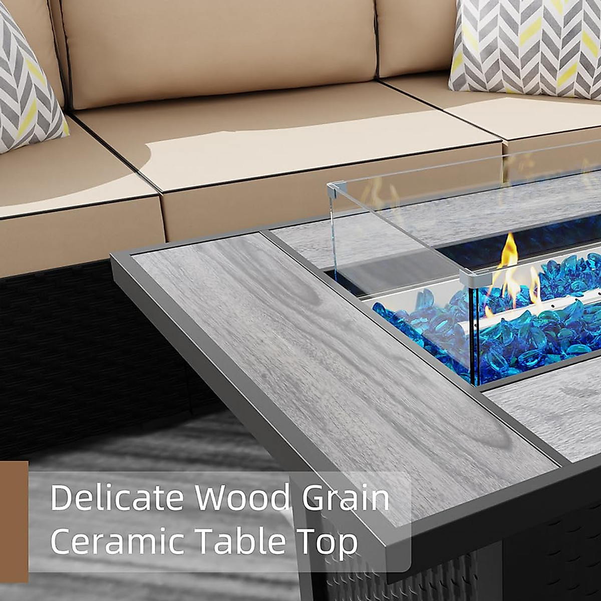 Shintenchi 45 Inch Propane Fire Pit Table with Glass Window Protector, Outdoor 50,000 BTU Steel Gas Fire Pit with Lid, Glass Crystal Stone, Waterproof Cover and Rattan Pattern for Patio, Yard, Party