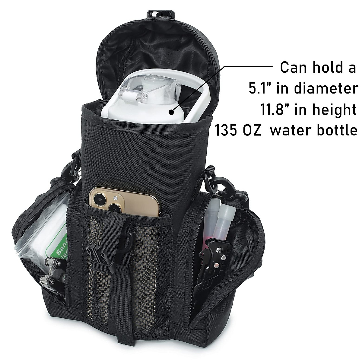 Tactical Molle Water Bottle Pouch Multi-Purpose 128 oz Buckle Secured Top Water Bottle Holder Bag Hydration Carrier with Shoulder Strap (Black)