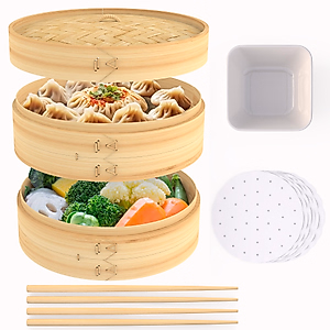 Misha's Homely Finds Bamboo steamer basket 2 tier 10 inch, 50 reusable paper liners, 2 pairs chopsticks, 1 ceramic sauce dish natural homemade food basket
