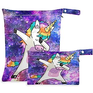 visesunny Fun Unicorn Galaxy Night Print 2Pcs Wet Bag with Zippered Pockets Washable Reusable Roomy for Travel,Beach,Pool,Daycare,Stroller,Diapers,Dirty Gym Clothes, Wet Swimsuits, Toiletries