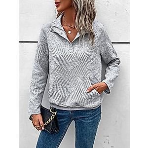 GORGLITTER Women's V Neck Sweatshirt Quilted Pullover Long Sleeve Knit Collar Pullover Tops Fall Clothes Light Grey Large