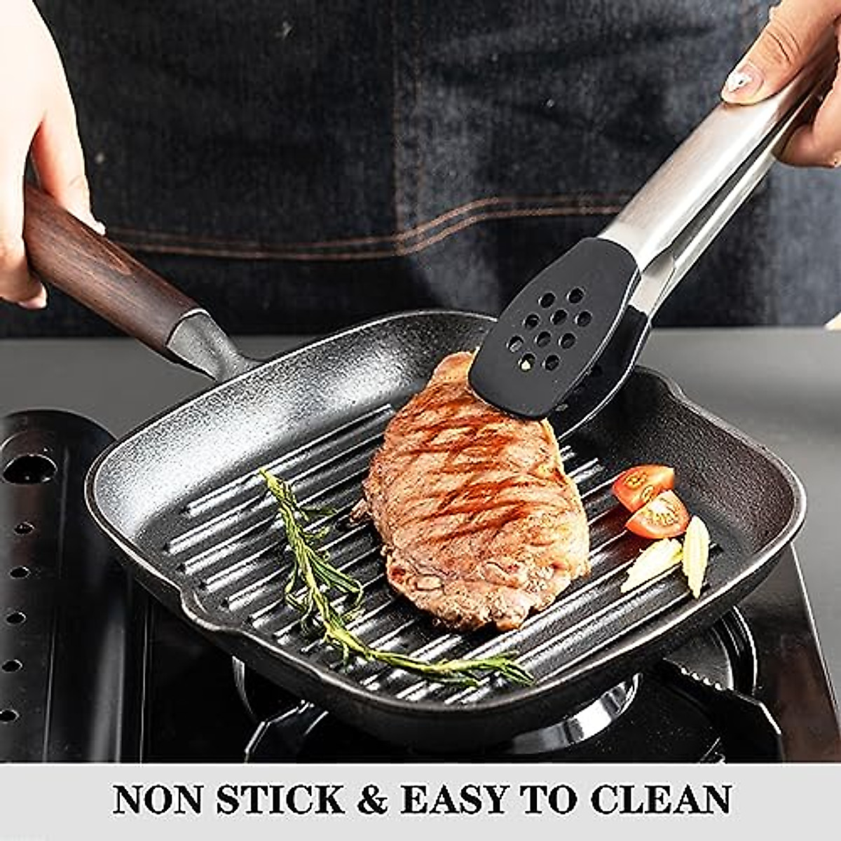 JUSTUP Cast Iron Square Grill Pan, Nonstick Grill Pan with Pour Spouts, Pre-Seasoned Ridged Skillet with Heat Resistant Handle, Cooking Pan for Steak, Egg, Bacon,PFOA Free (Black)