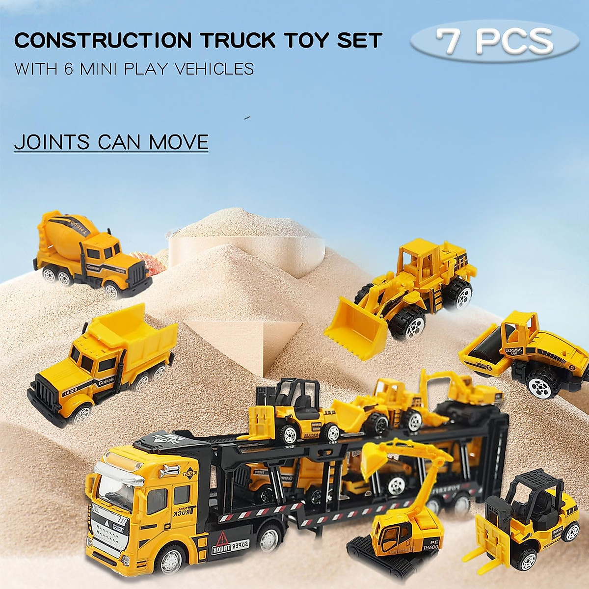 OTONOPI Construction Truck Toy Die-cast Play Vehicle Set with 6pcs Mini Crane Mixer Dump Excavator Car