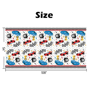 WERNNSAI Racing Car Tablecloth - 108" x 54" Disposable Plastic Rectangular Checkered Table Covers for Kids Birthday Game Sports Events Race Car Party Supplies