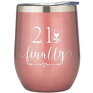 Crisky Rose Gold 21 & Finally Wine Tumbler for Girl 21st Birthday Gifts Funny Ideas for Girlfriend, Sister, Friends, Daughter, Her Wine Glass, Vacuum Insulated Coffee Cup 12oz, with Box, Lid and Straw