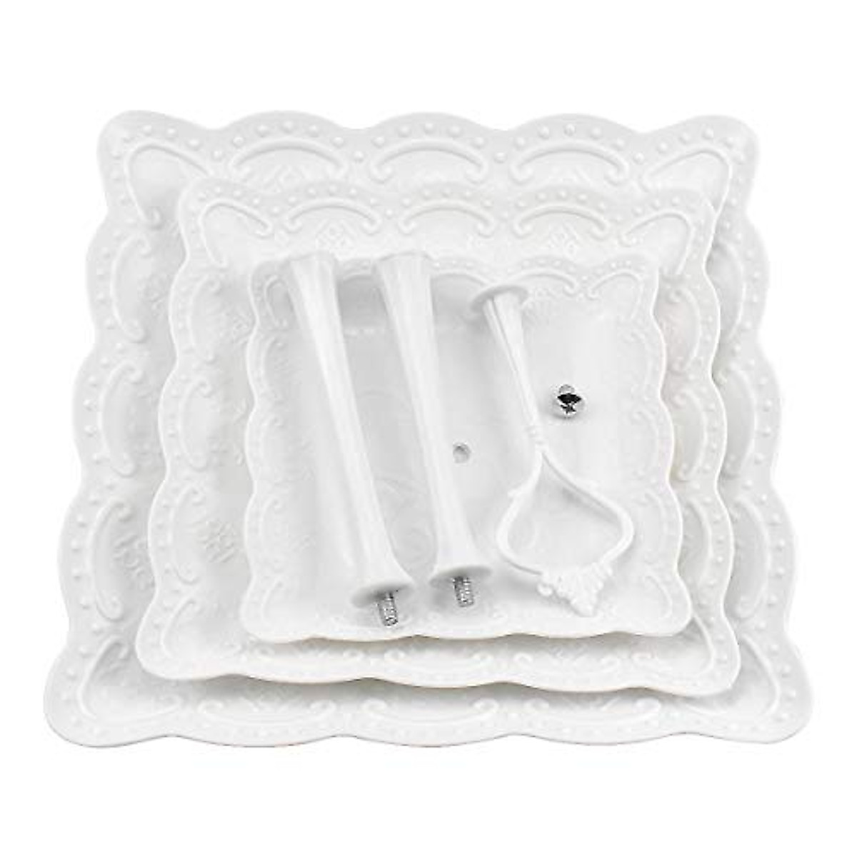 Doryum Three Tiers White Cake Display Stand with Fittings, Plastic Square Cake Stand Display Fruit Plate, Dessert Stand, Cupcake Stand Party Serving Platter Stand for Birthday Weeding Party