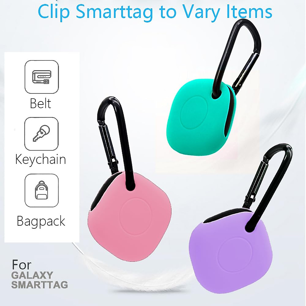SKZIRI 3in1 Case Set for Galaxy SmartTag and SmartTag Plus Tracker Locator Case Cover Skin with Carabiners (Pink+Mint+Violet)