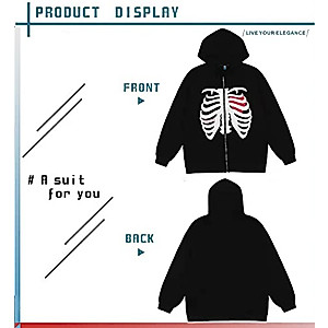 NUFR Unisex Skeleton Zip Up Hoodie Fashion Vintage Jacket Graphics E-Girl 90s Sweatshirt for Men and Women for Teen Girls Boys Black
