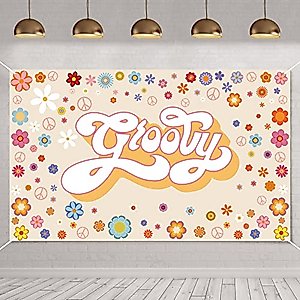 Groovy Party Backdrop Banner Hippie Birthday Two Groovy Party Decoration Daisy Flower Boho Party Photography Backdrop Groovy Party Supplies for Baby Shower, 70.8 x 43.3 Inch(Groovy Pattern)