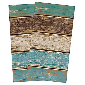 Rustic Teal Green Brown Kitchen Towels,Retro Turquoise Farmhouse Absorbent Microfiber Kitchen Dish Hand Tea Towel,Vintage Wood Grain Drying Cleaning Cloth Rug Dishclothes Decorative Sets (2-PC,18x28)
