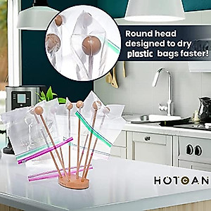 HOTCAN Plastic Bag Drying Rack, Reusable Bag Drying Rack, Bottle Drying Rack Space Saving for Kitchen, Bottle Dryer Rack, Beech Wood Drying Rack, Easily Assembled and Disassembled for Storage
