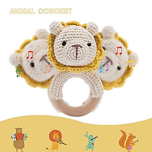 Youuys Wooden Baby Rattle Toys, Easter Rattle for Baby Crochet Lion Rattle Toy Natural Wood, Shaker Rattle for Hand Grips, Boy Girl First Rattle Gift, Newborn Gifts (Lion)