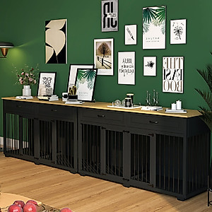 Lovinouse Large Double Dog Crate Furniture, 72.4" Wooden Dog Crate Kennel with 2 Drawers and Divider, XXL Dog Crates Furniture for Large Dog or 2 Medium Dogs Indoor, Black+Natural Tabletop