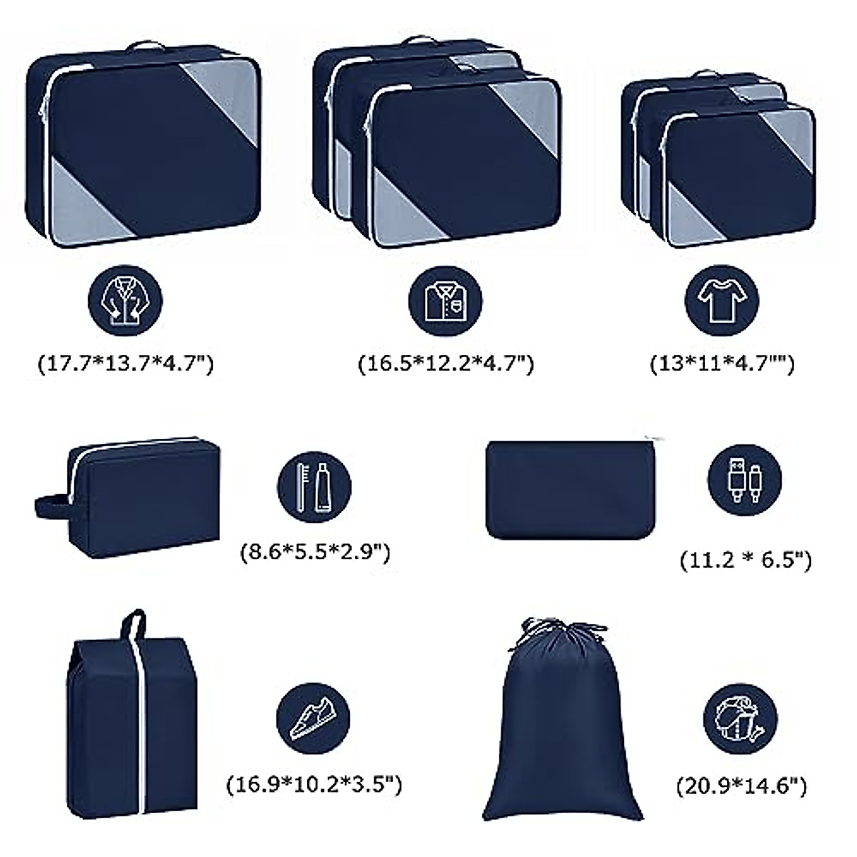 Easortm Packing Cubes for Carry on Suitcase 9 Set, Travel Packing Organizers Durable Luggage Bags for Travel, Suitcase Organizer Bags Set for Man & Women.(Navy Blue)
