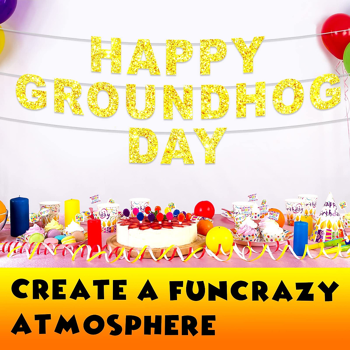 Happy Groundhog Day Banner Cute Animals Glitter Golden Theme Decor Decorations for Season Forecast 1st Birthday Party Spring February 2nd Holidays Festival Groundhog Day Supplies Favors Background