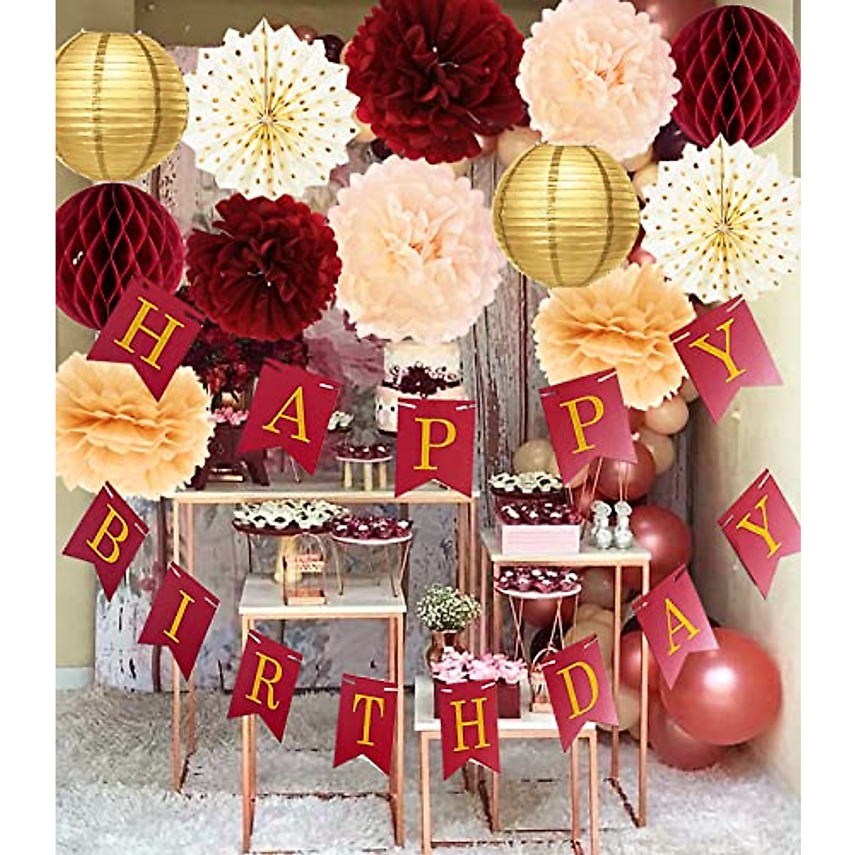 Burgundy Gold Birthday Party Decorations for Women Burgundy Gold HAPPY BIRTHDAY Banner Polka Dot Fans for Fall Burgundy Birthday Party Supplies/30th/40th/50th Birthday Decorations Autumn