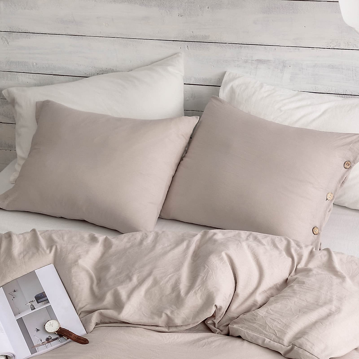 Argstar Khaki Button Duvet Cover Set Queen Size with Extra 2 Pillowcases (20''x26'')